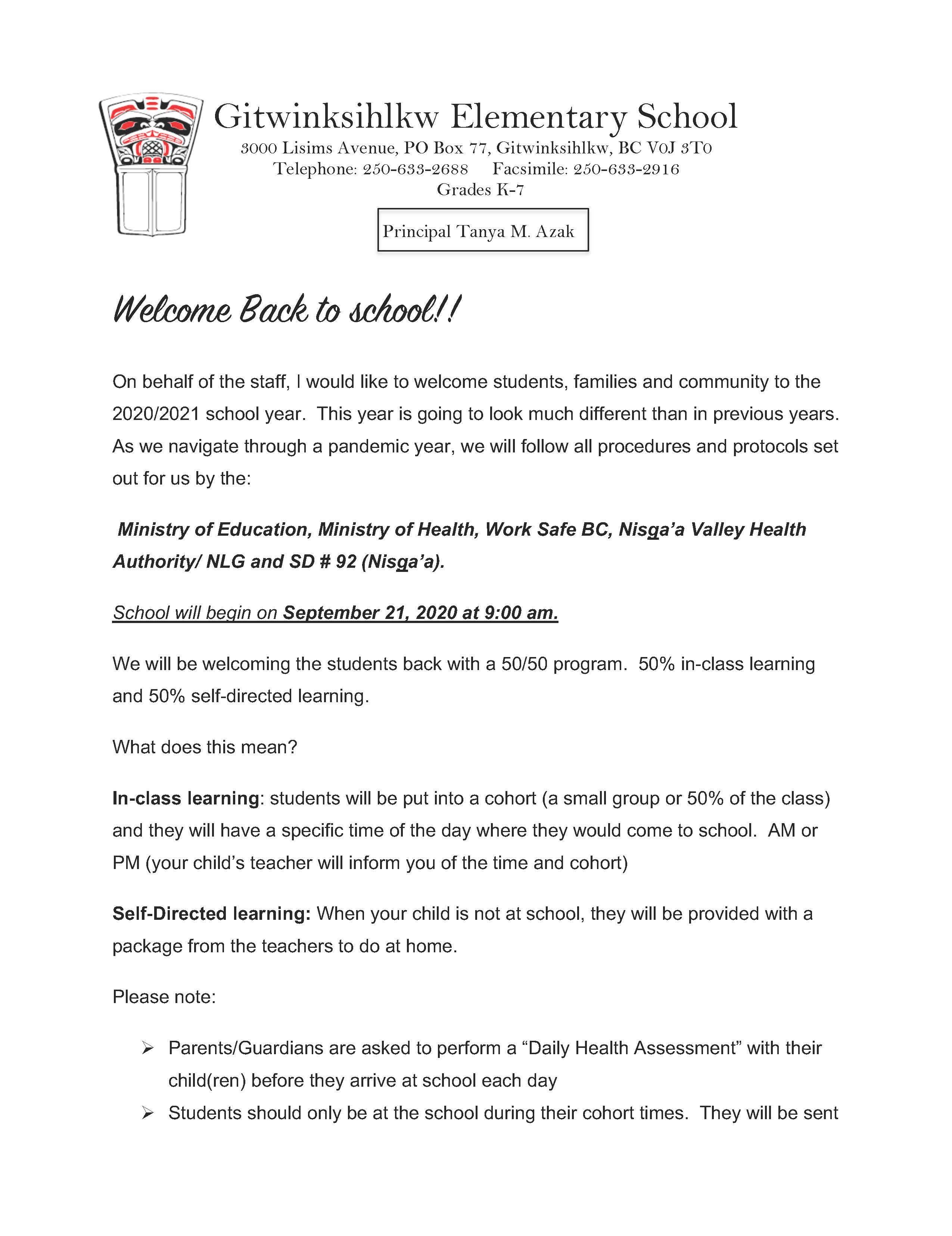 Back to School Notice - September 2020